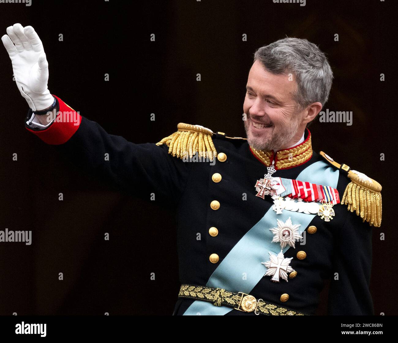 COPENHAGEN, DENMARK 20240114King Frederik X waves from the balcony of ...