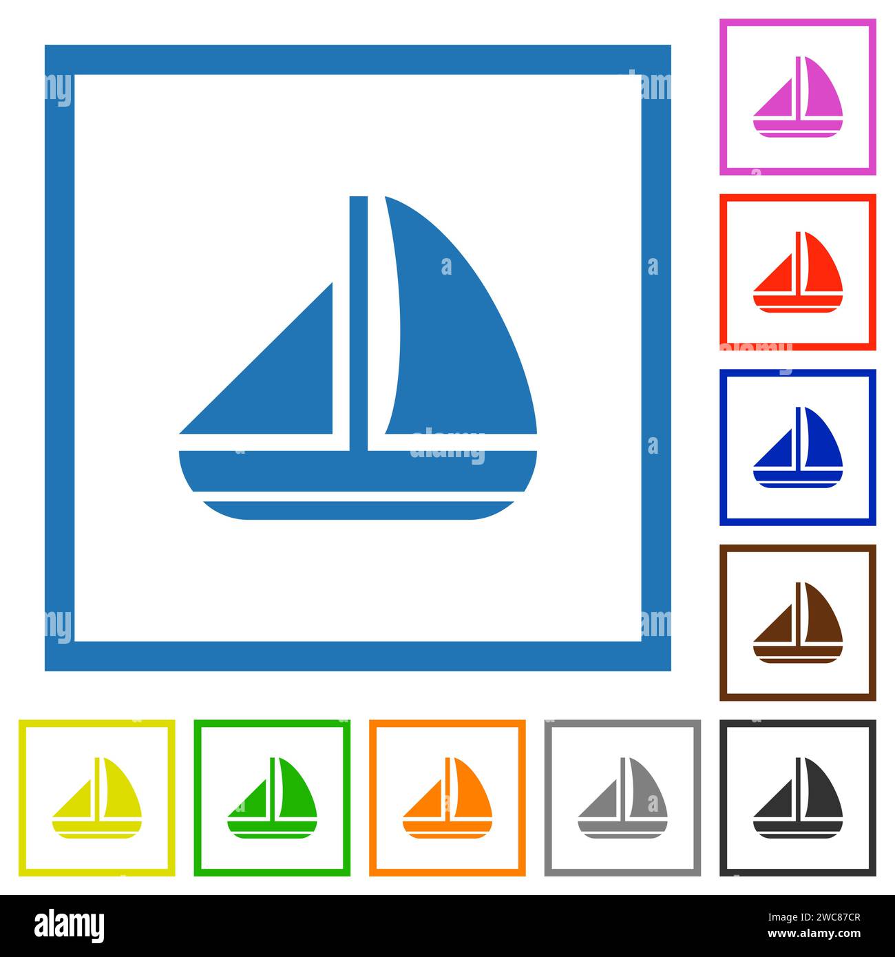 Sailing boat solid flat color icons in square frames on white ...