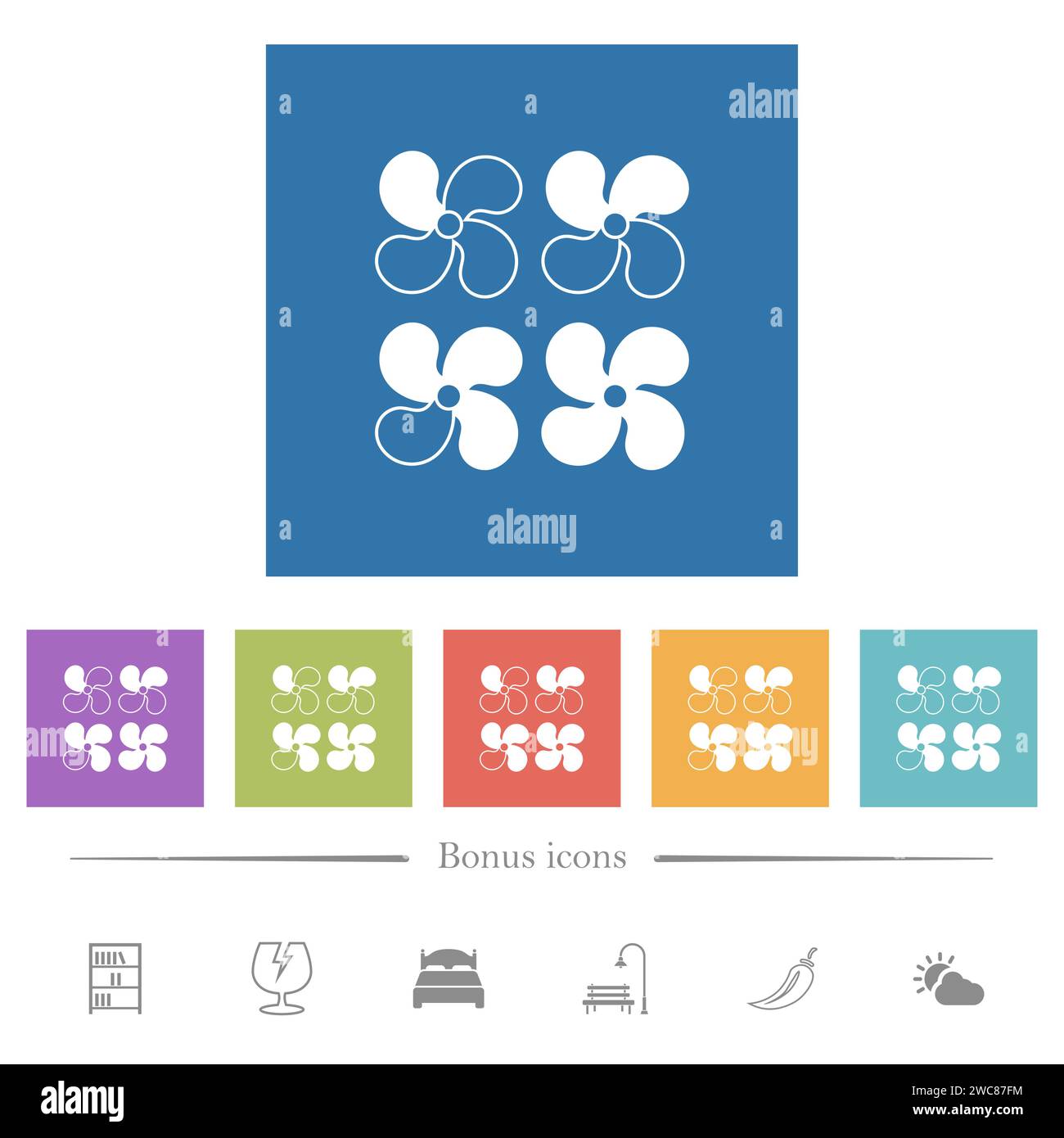 Car fan levels flat white icons in square backgrounds. 6 bonus icons ...