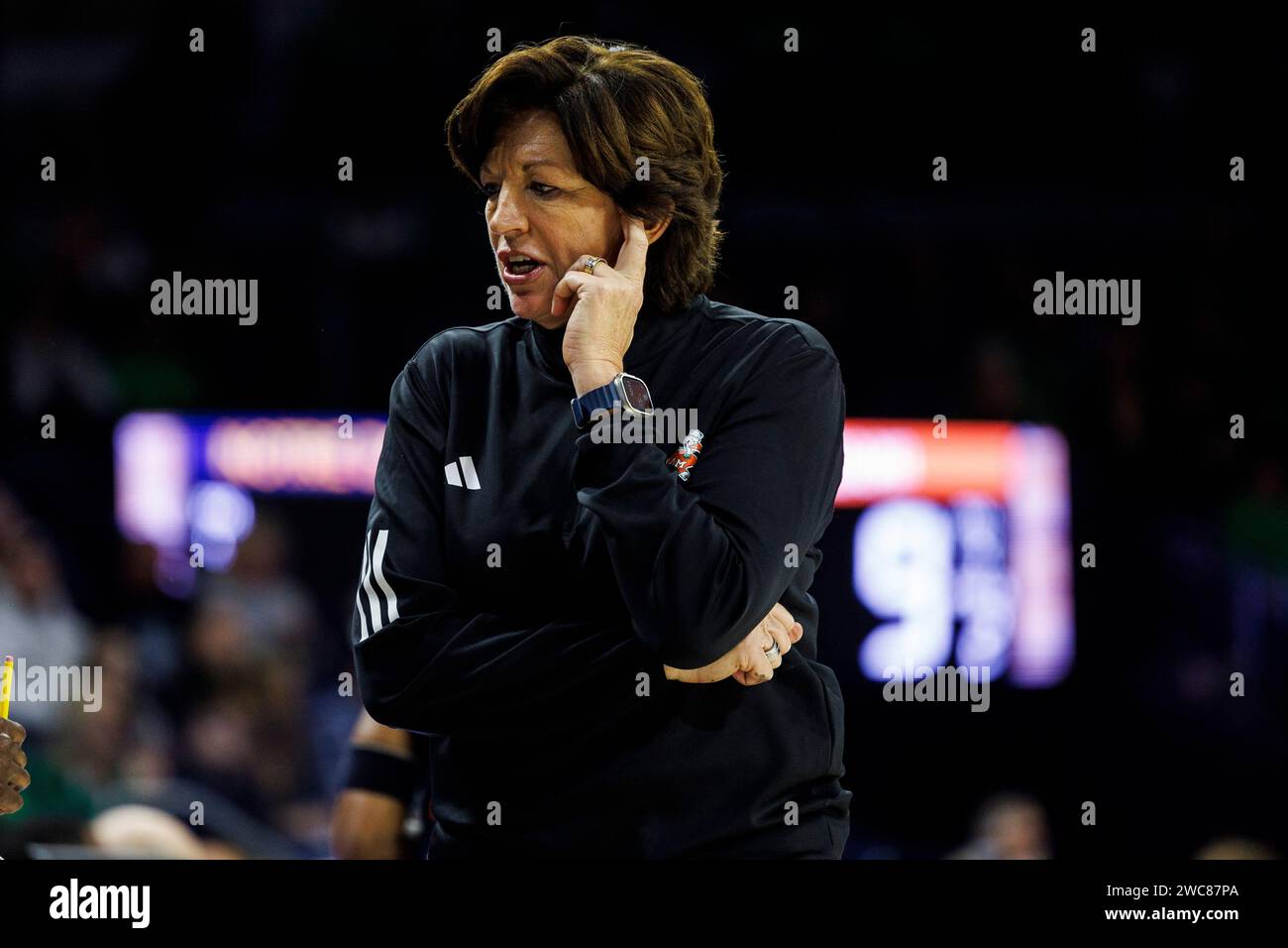 South Bend, Indiana, USA. 14th Jan, 2024. Miami head coach Katie Meier ...