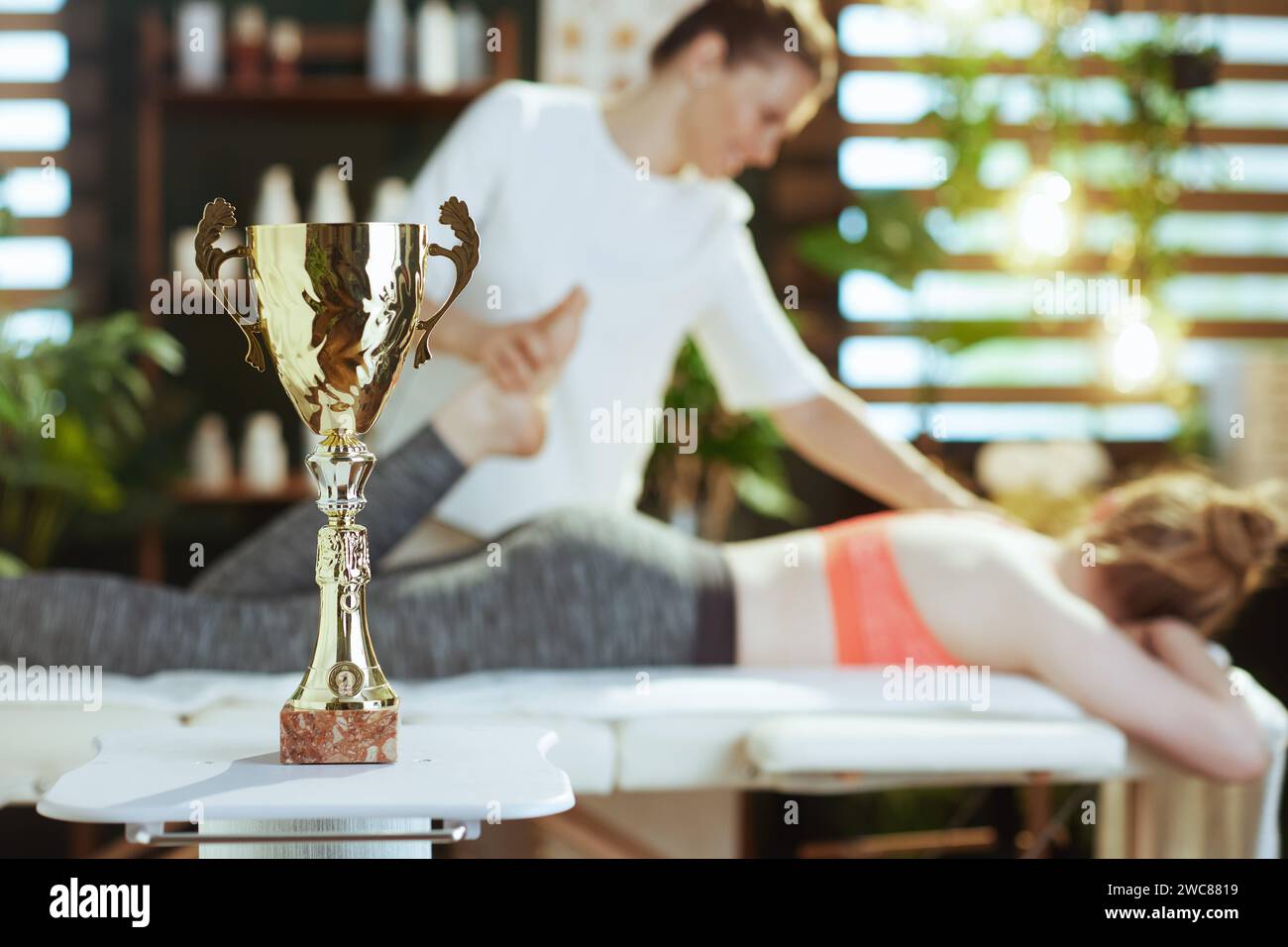 Healthcare time. Closeup on massage therapist woman in massage cabinet with clipboard, teenage ...