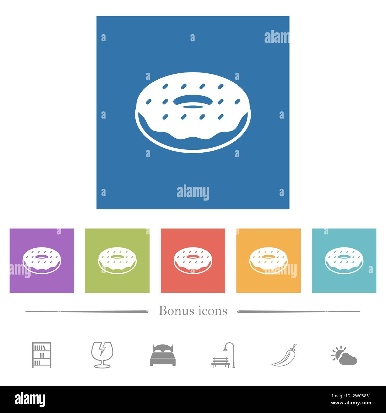Donut flat white icons in square backgrounds. 6 bonus icons included ...
