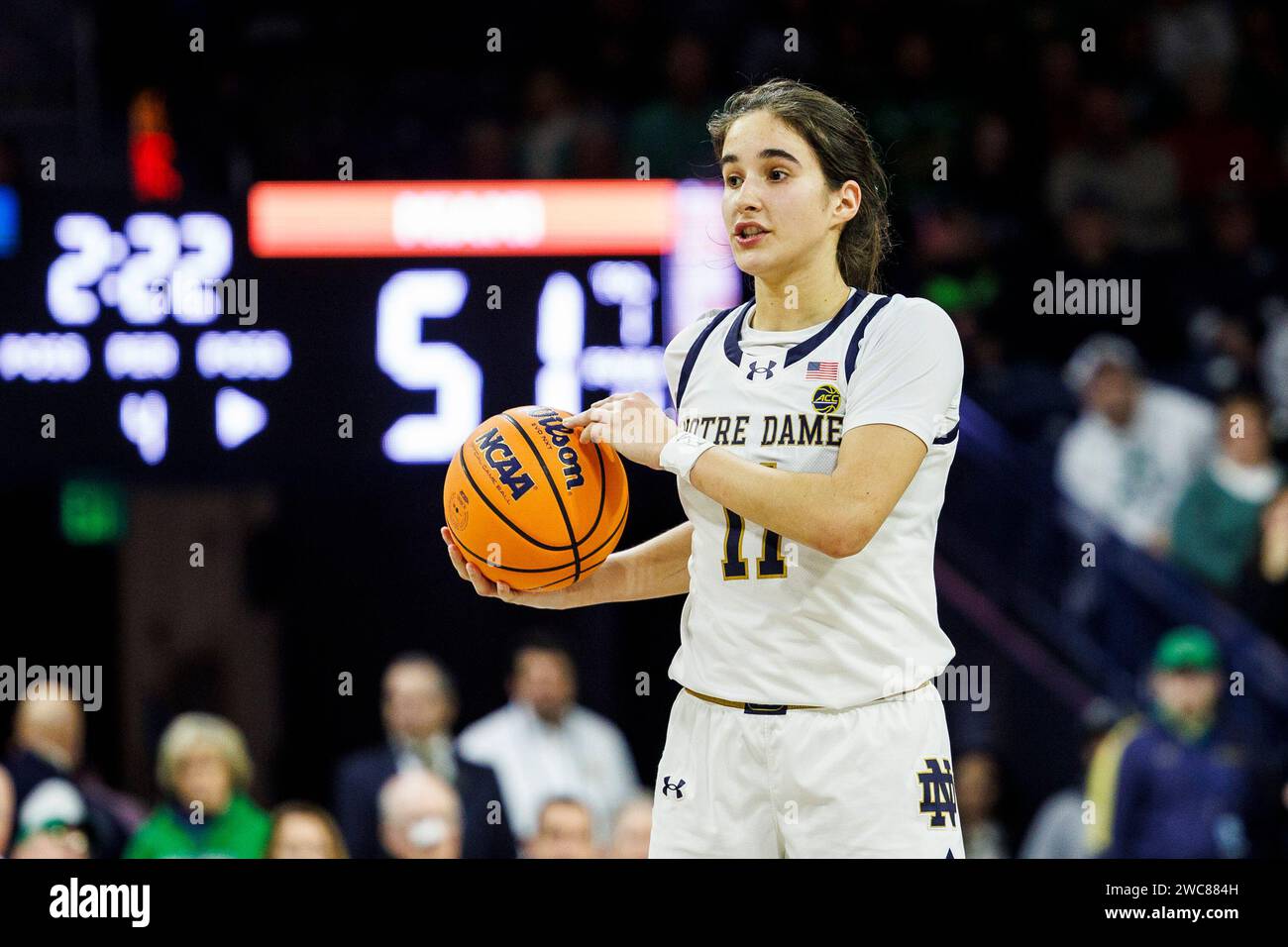 South Bend, Indiana, USA. 14th Jan, 2024. Notre Dame guard Sonia Citron (11) directs the offense ...