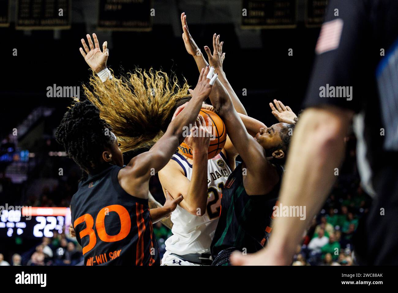 South Bend, Indiana, USA. 14th Jan, 2024. Miami guard Shayeann Day ...