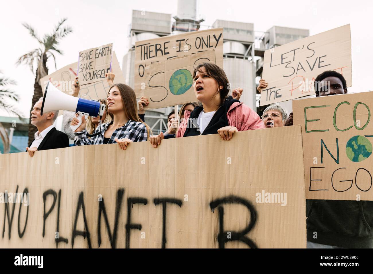 Group of people with placards and poster on global strike for climate ...