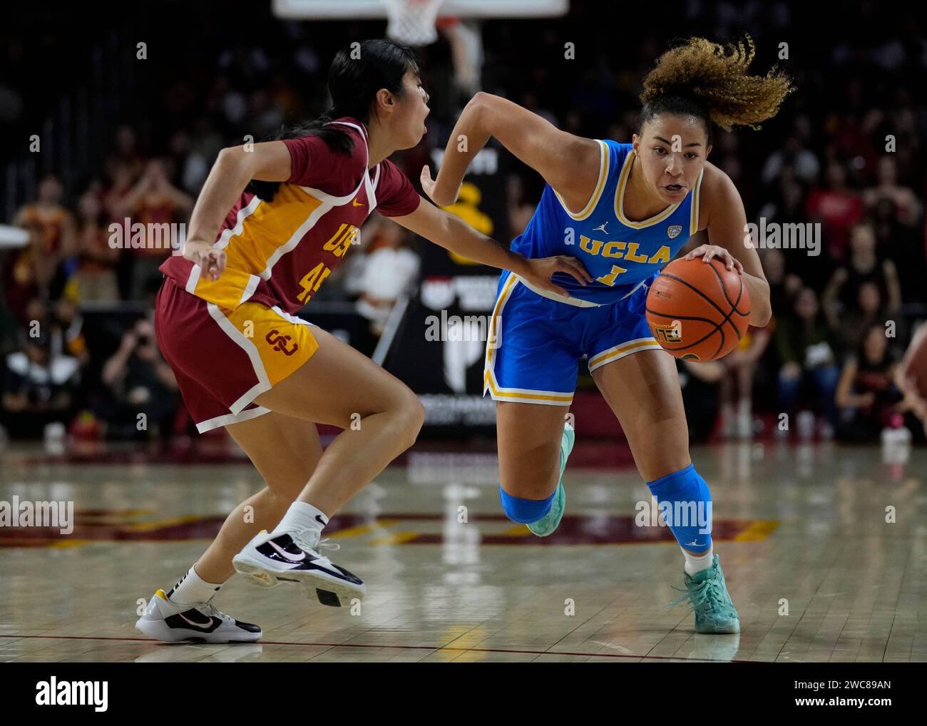 Southern California guard Kayla Padilla (45) defends against UCLA guard ...