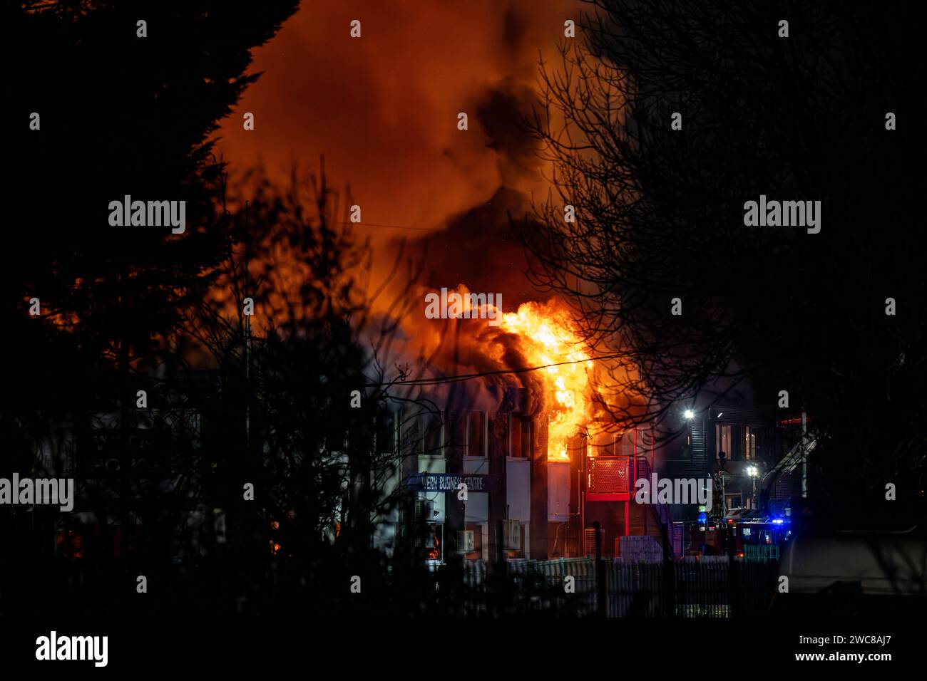 Newport, UK. 14th January 2024. Firefighters battle to put the fire out ...