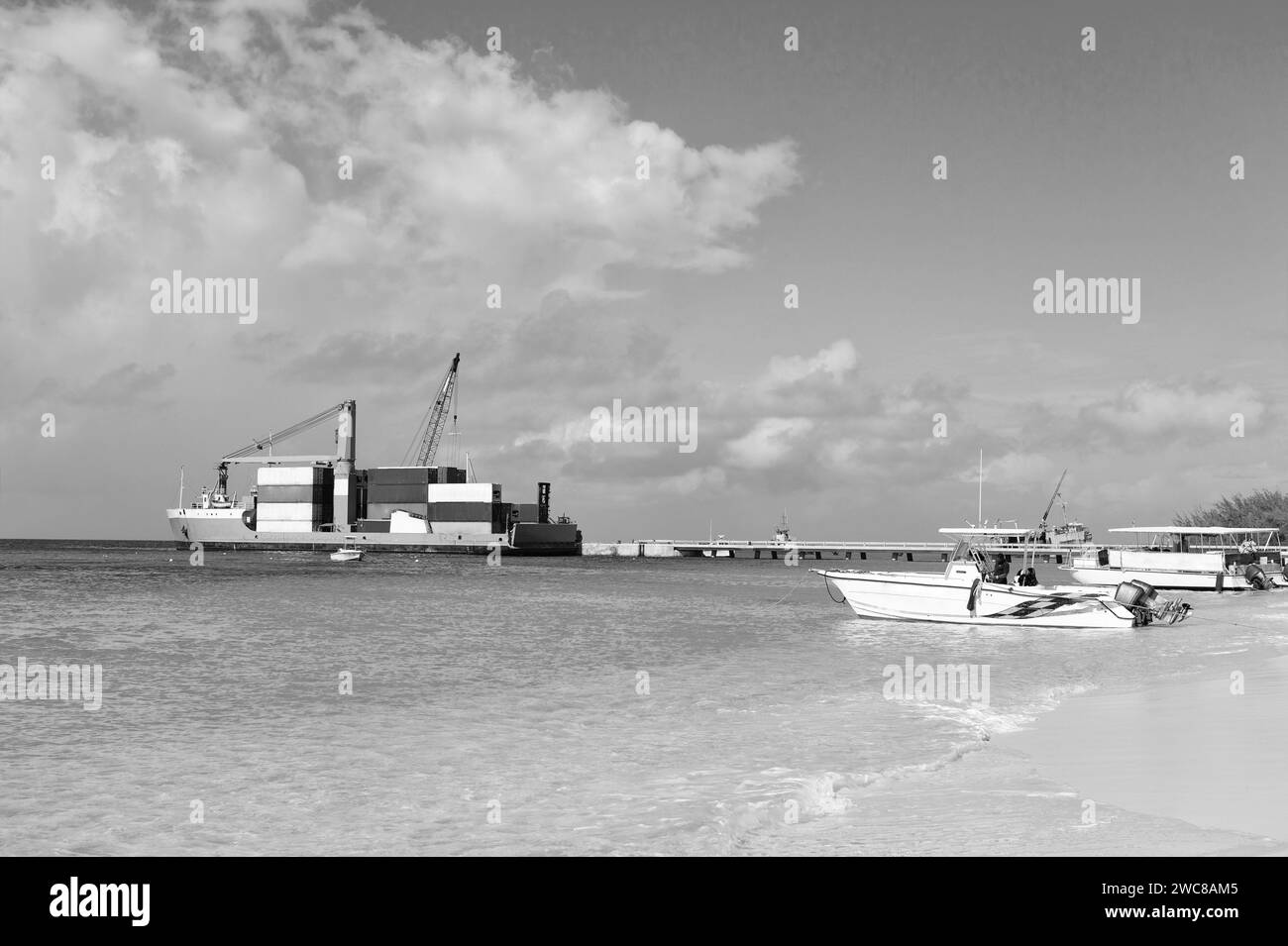 harbor with cargo ship. harbor with cargo ship at seascape. harbor with ...