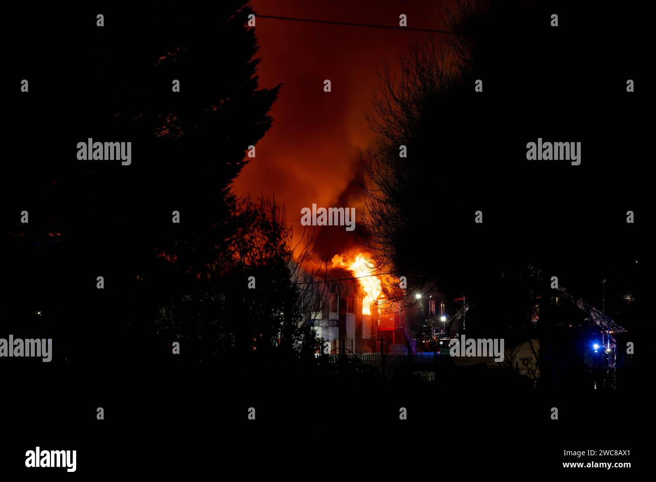 Newport, UK. 14th January 2024. Firefighters battle to put the fire out ...
