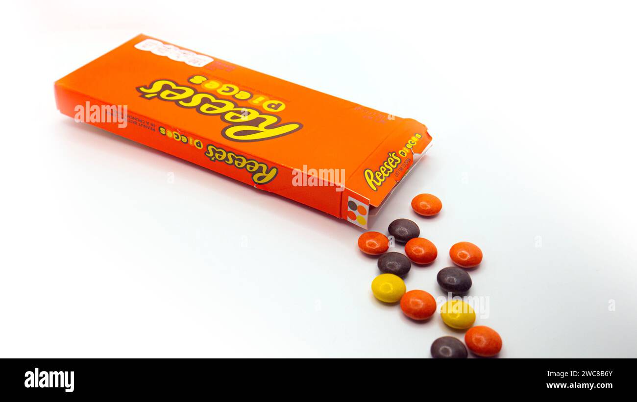 Reese's Pieces candy box isolated on a white background Stock Photo - Alamy
