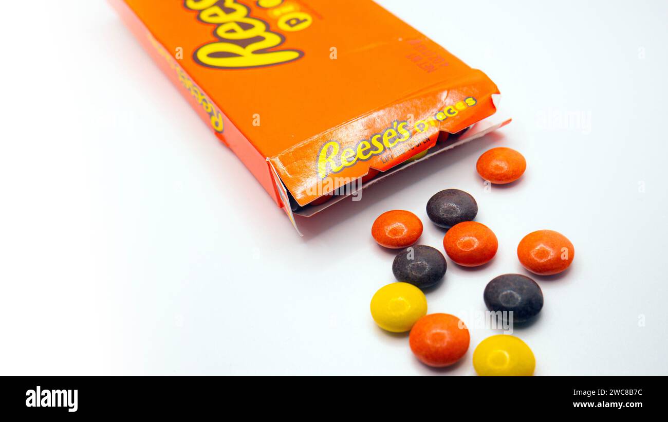 Reese's Pieces candy box isolated on a white background Stock Photo - Alamy