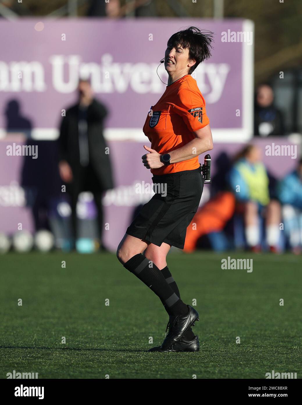 Durham City on Sunday 14th January 2024. Match referee Elizabeth Simms ...