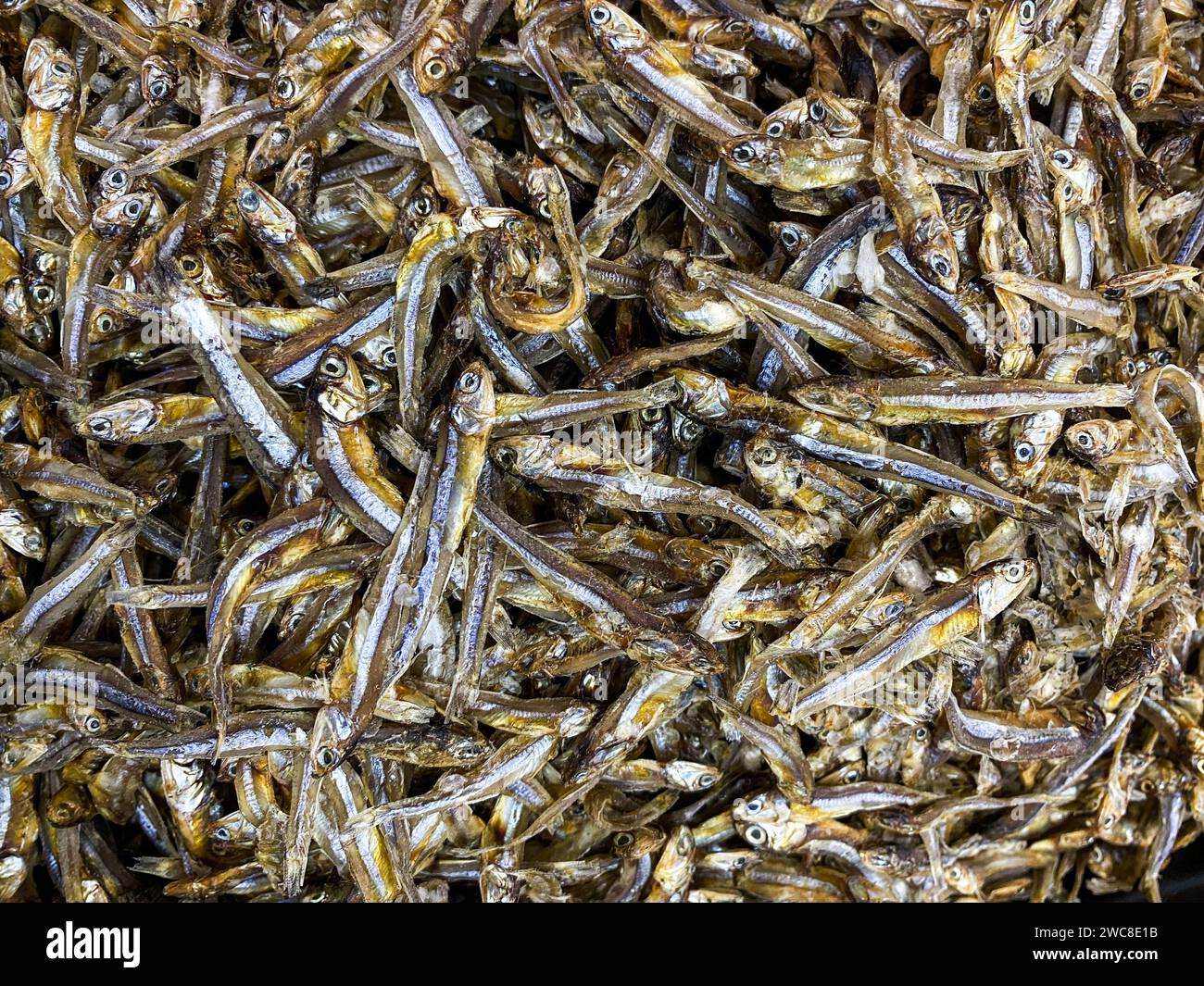Beautiful top view of Dried anchovy texture background. Seafood in the ...