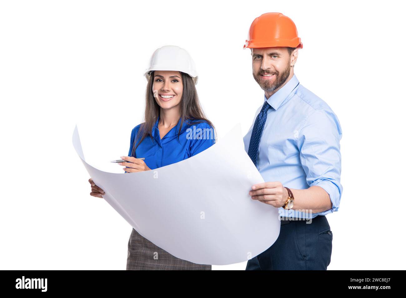 Safety business. Data protection. Supervisor engineer with blueprint ...