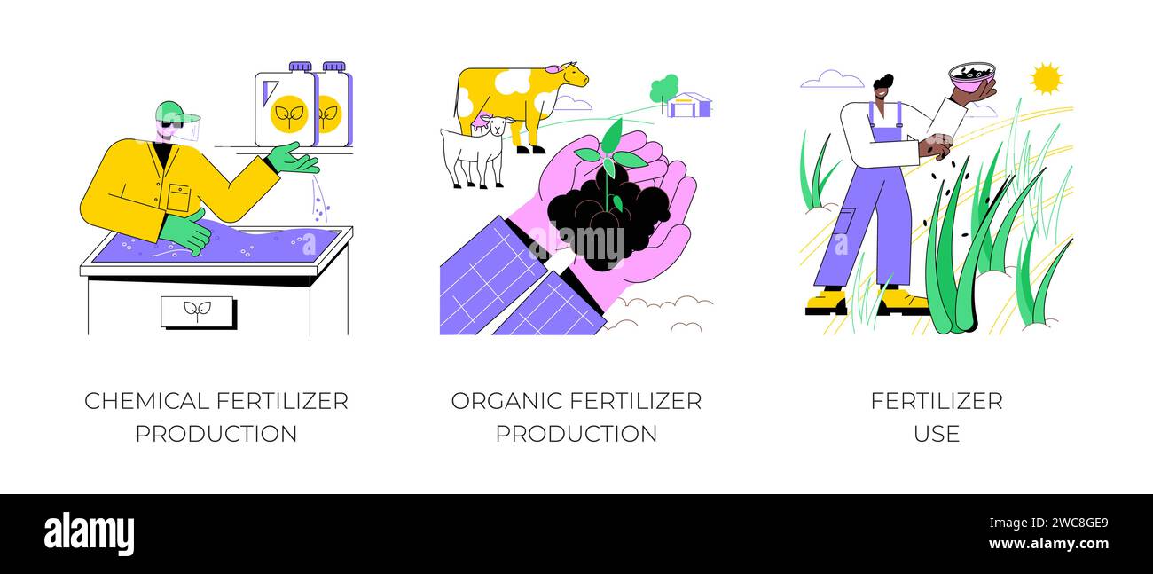 Use of fertilizers isolated cartoon vector illustrations set. Chemical ...
