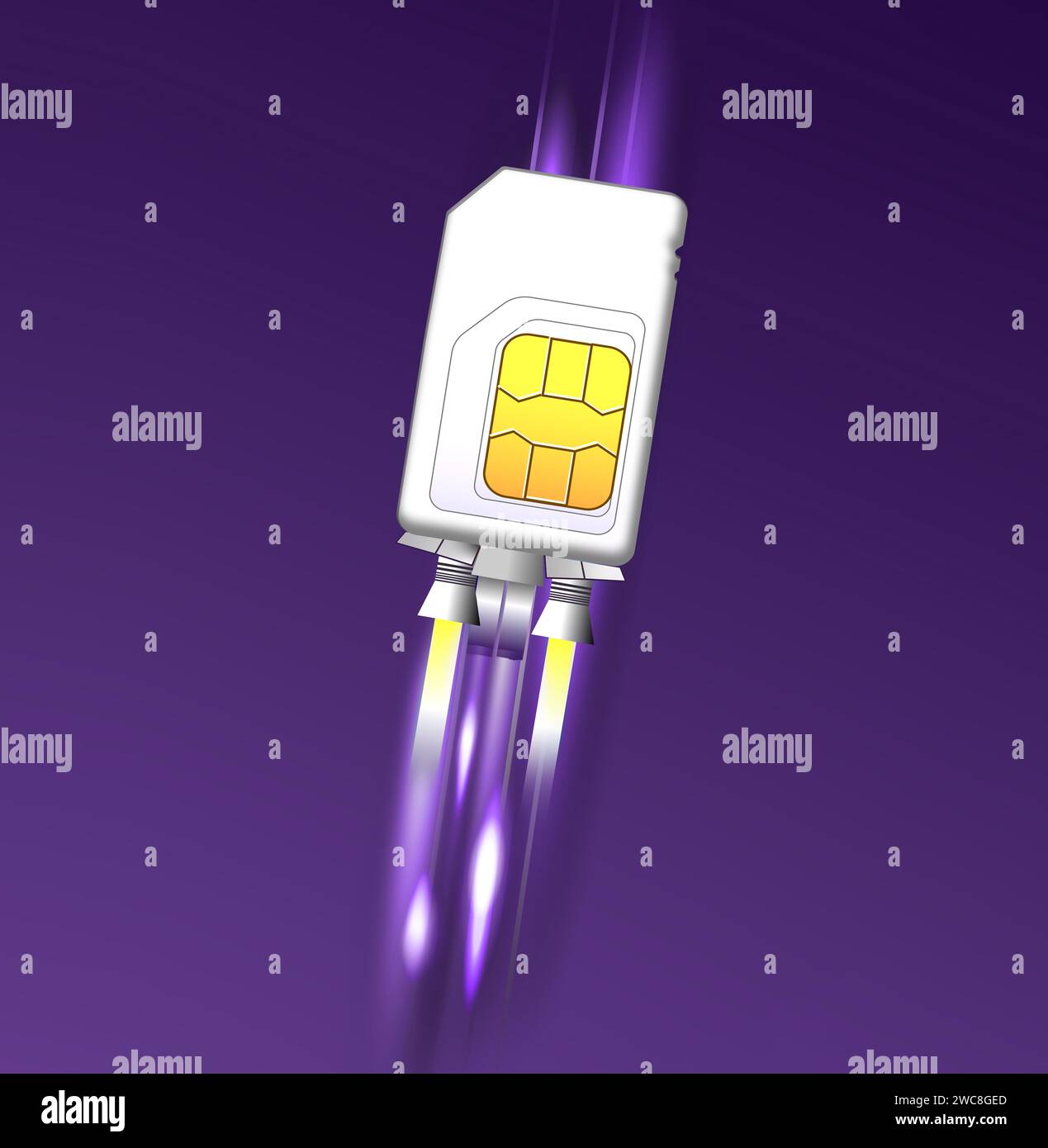 Fast internet connection. SIM card rocket flying on purple background ...
