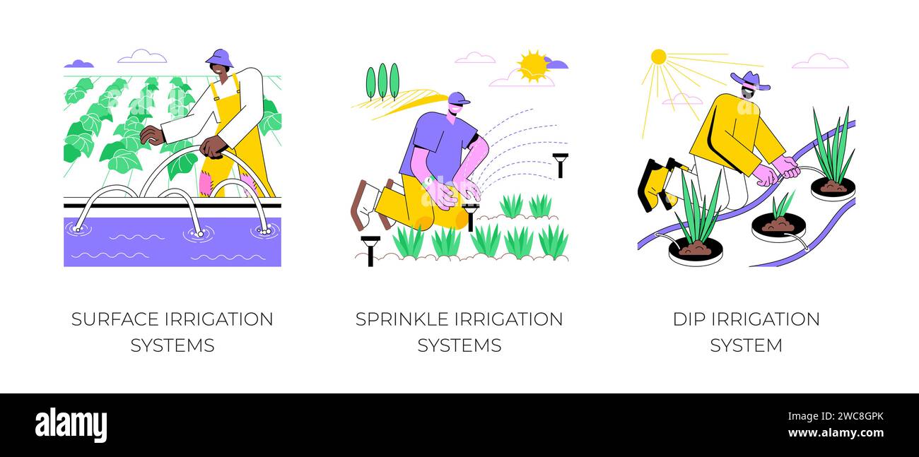 Irrigation systems isolated cartoon vector illustrations set. Farmer ...