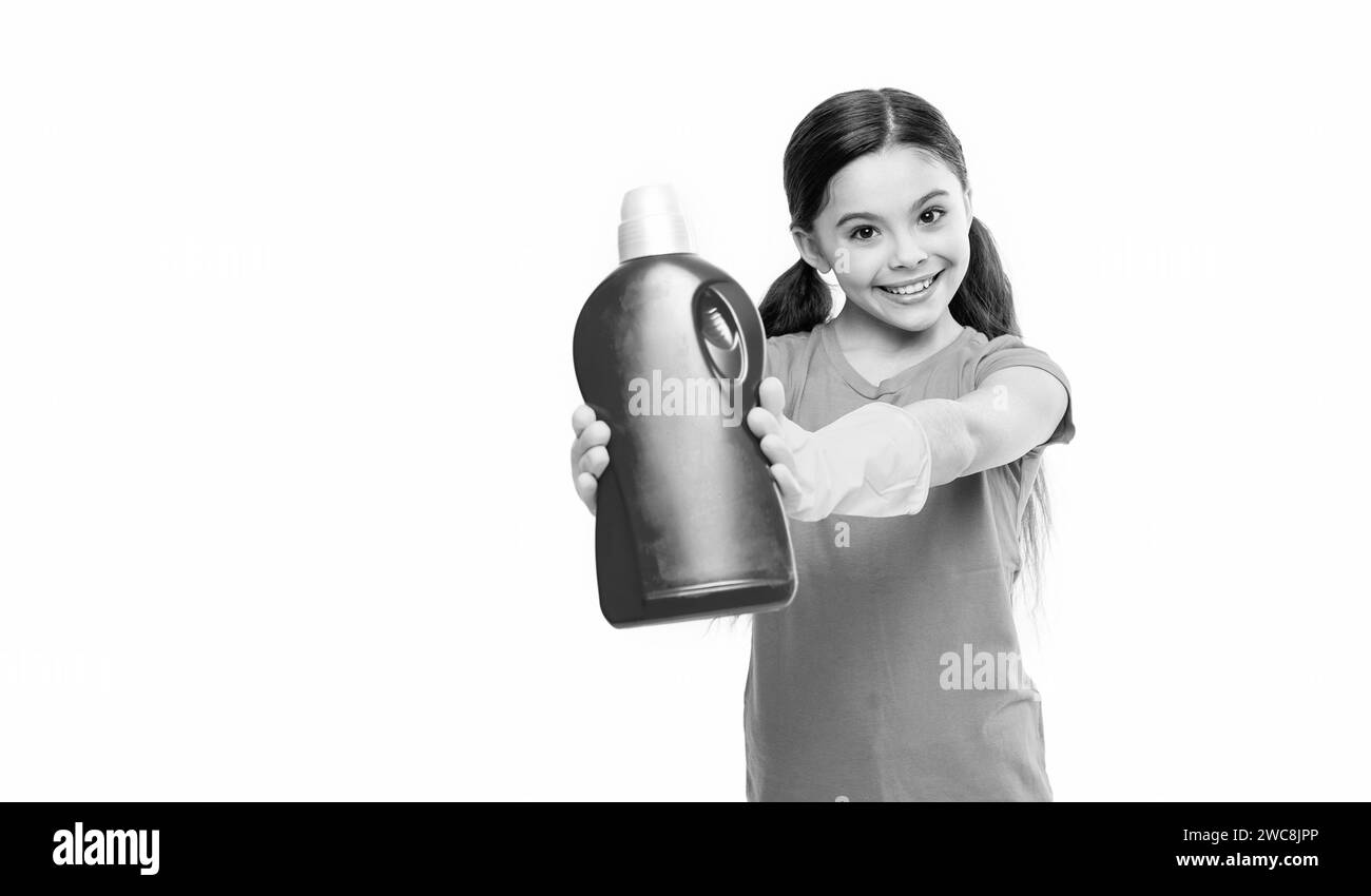 girl cleaner with detergent in studio, selective focus. girl cleaner ...