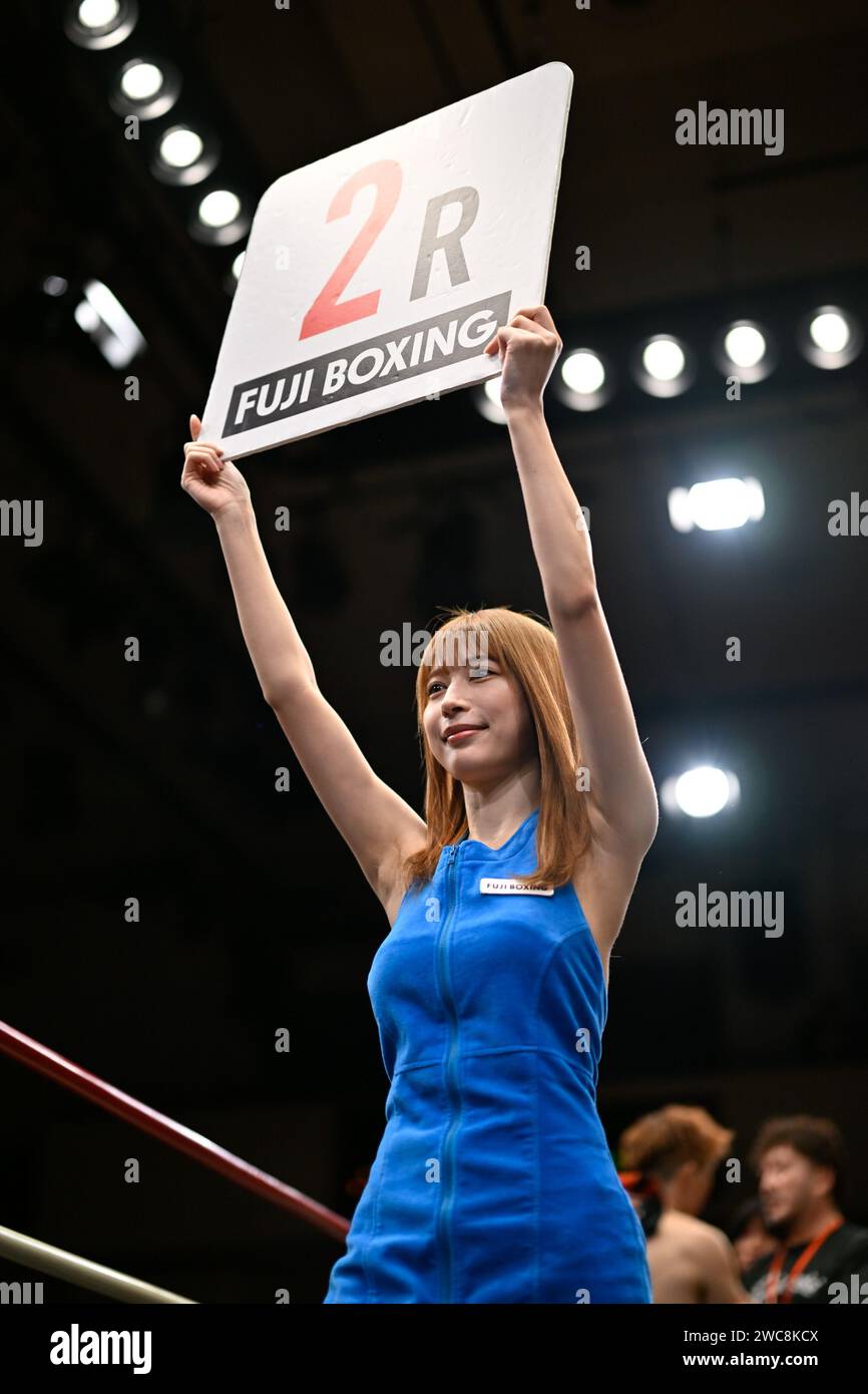 Tokyo, Japan. 9th Jan, 2023. Ring girl Risa Yukihira is seen during the WBO Asia Pacific ...