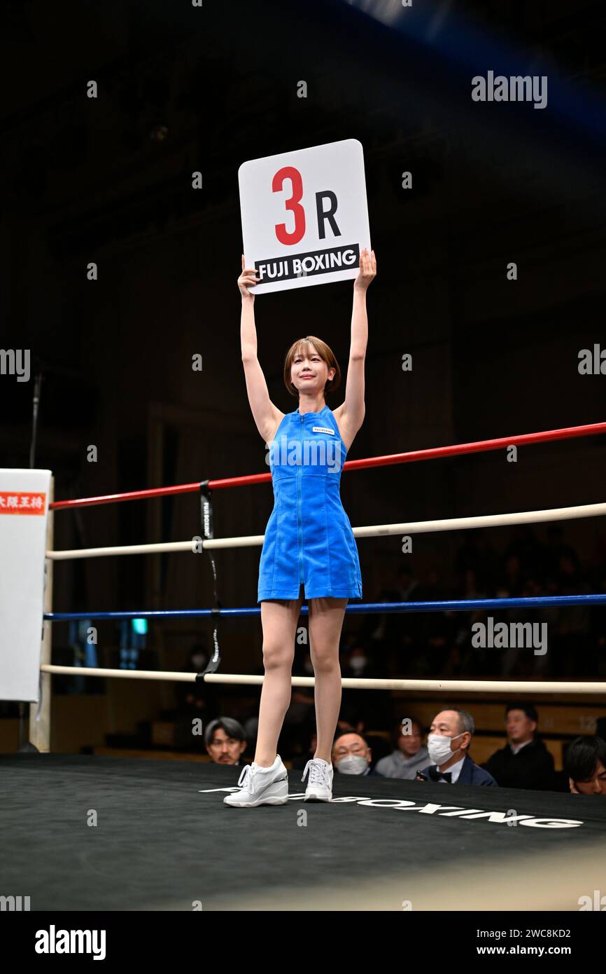 Tokyo, Japan. 9th Jan, 2023. Ring girl Yui Arata is seen during the WBO Asia Pacific lightweight ...