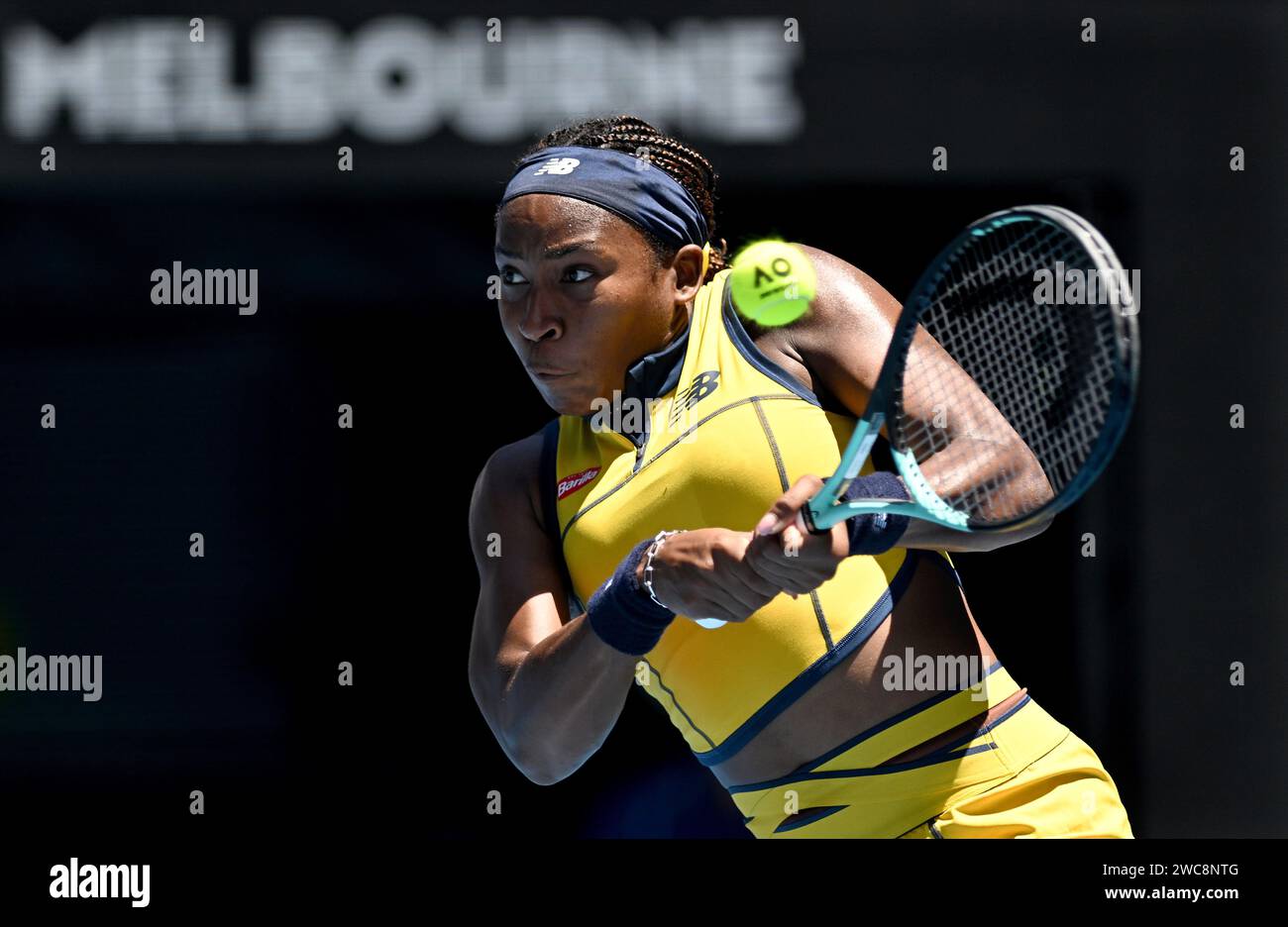 Melbourne, Australia. 15th Jan, 2024. Coco Gauff of the USA returns during her first round match ...