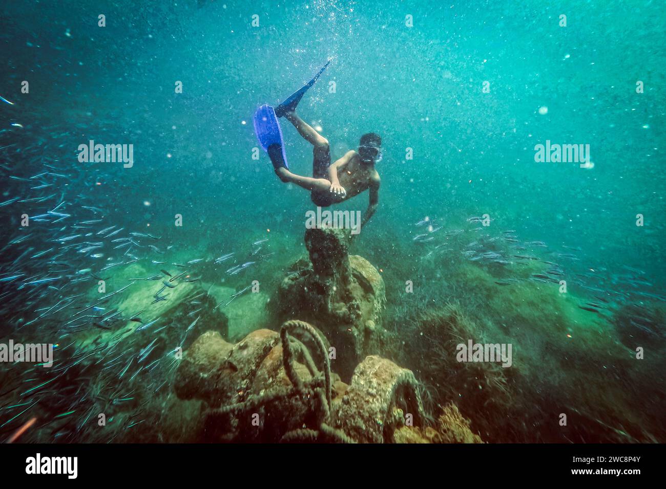 A swimmer gets a look at an underwater shipwreck off Cubagua Island ...