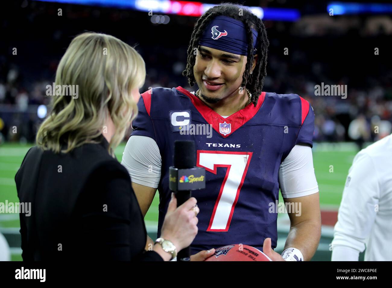 Houston, Texas, USA. 13th Jan, 2024. Houston Texans quarterback C.J. Stroud (7) talks with NBC ...