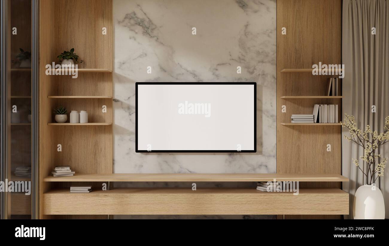 Front view image of a white TV monitor mockup attached to a marble wall ...