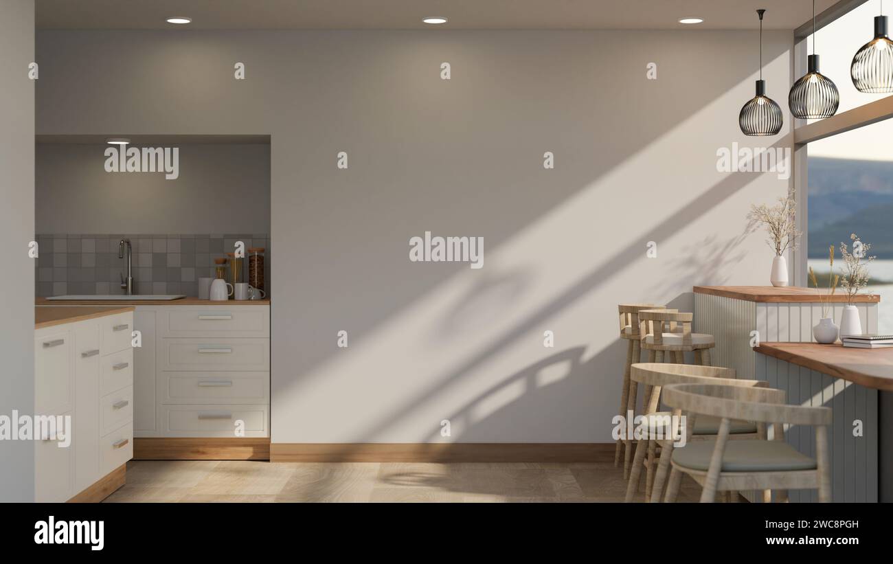 Interior design of a modern white, spacious kitchen with a dining table ...