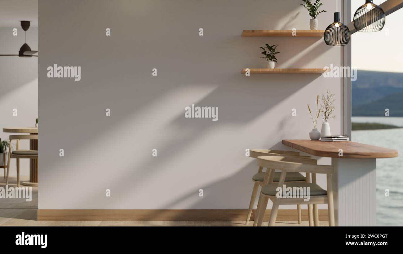 Side view image of a modern, minimal cafe or restaurant with a minimal ...