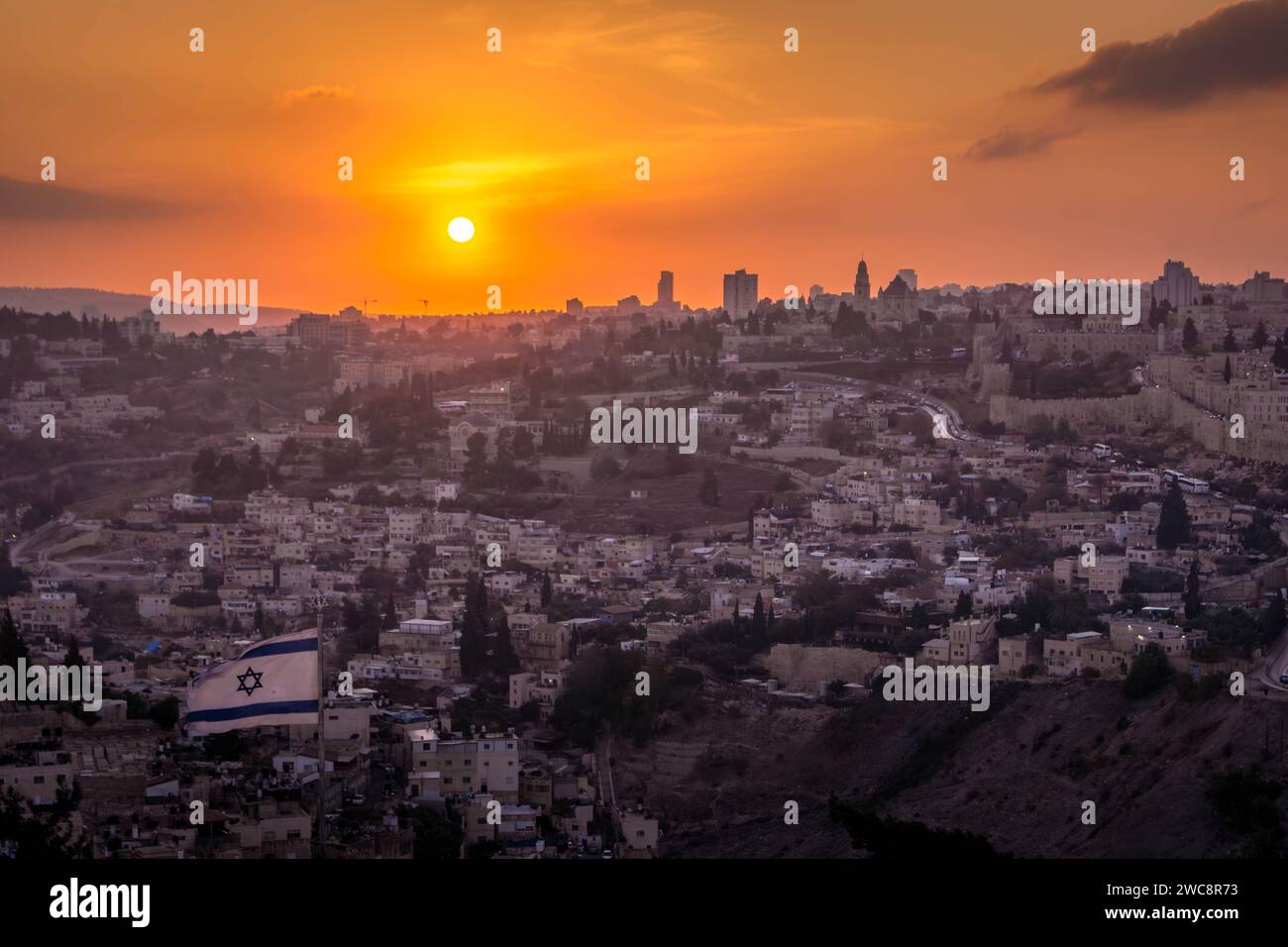 The beautiful sunset over the Old Town of Jerusalem with the Israel ...