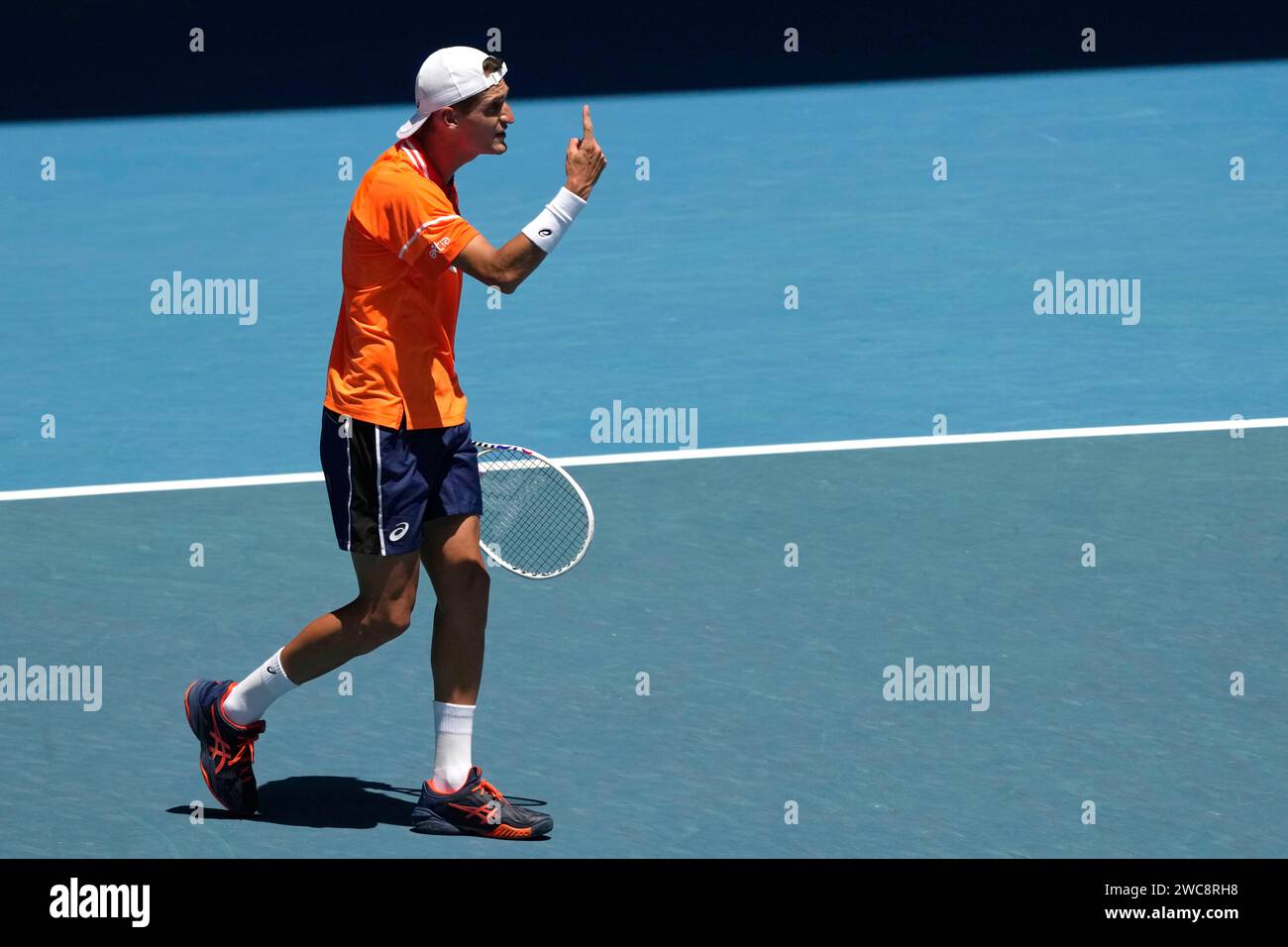 Terence Atmane of France gestures to the umpire during his first round ...