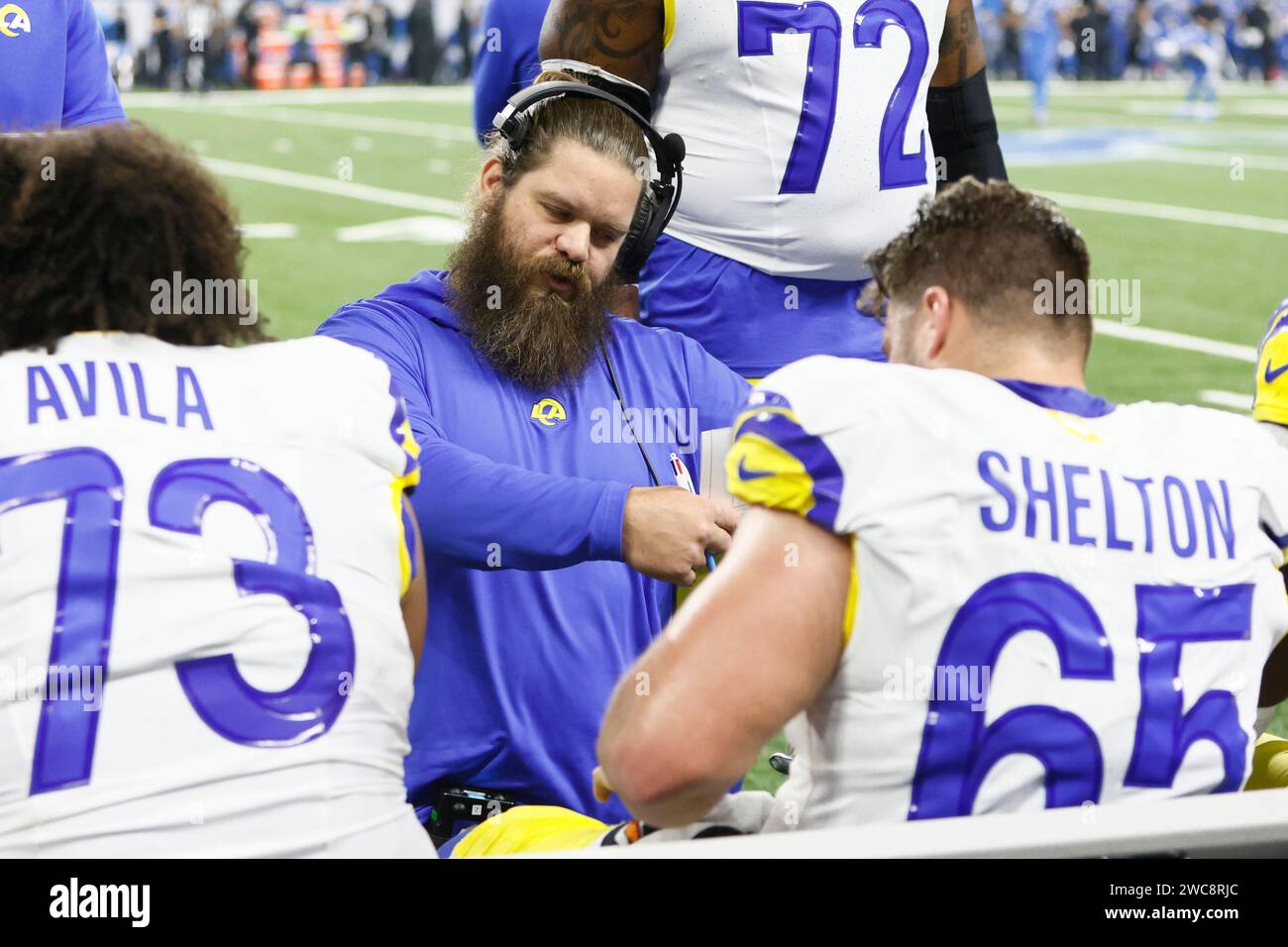 Los Angeles Rams offensive line coach Ryan Wendell talks to the team ...