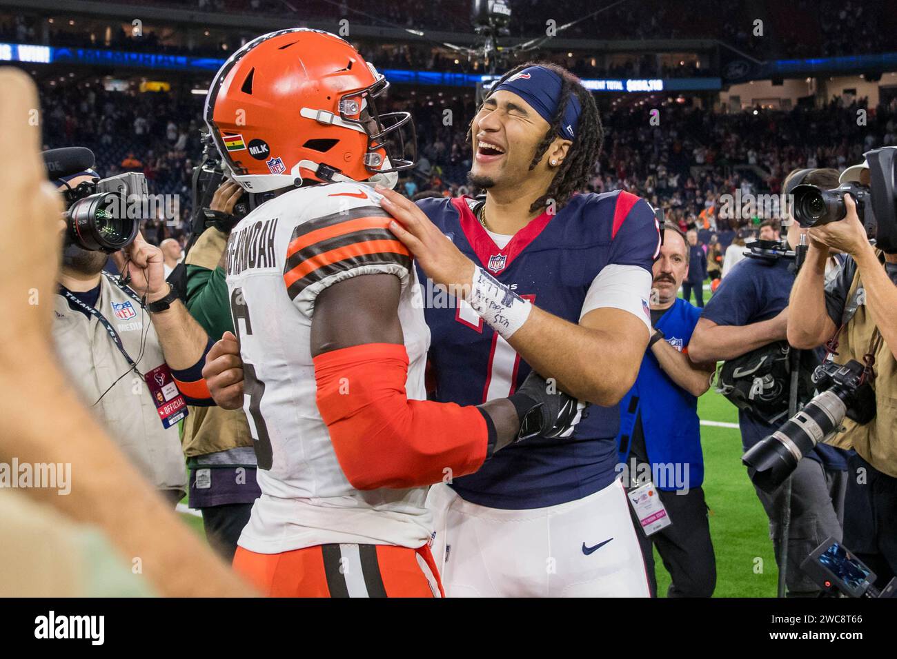 January 13, 2024: Houston Texans quarterback C.J. Stroud (7) laughs with Cleveland Browns ...
