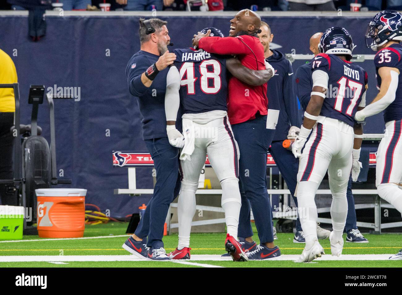 Houston, TX, USA. 13th Jan, 2024. Houston Texans defensive coordinator Matt Burke and head coach ...