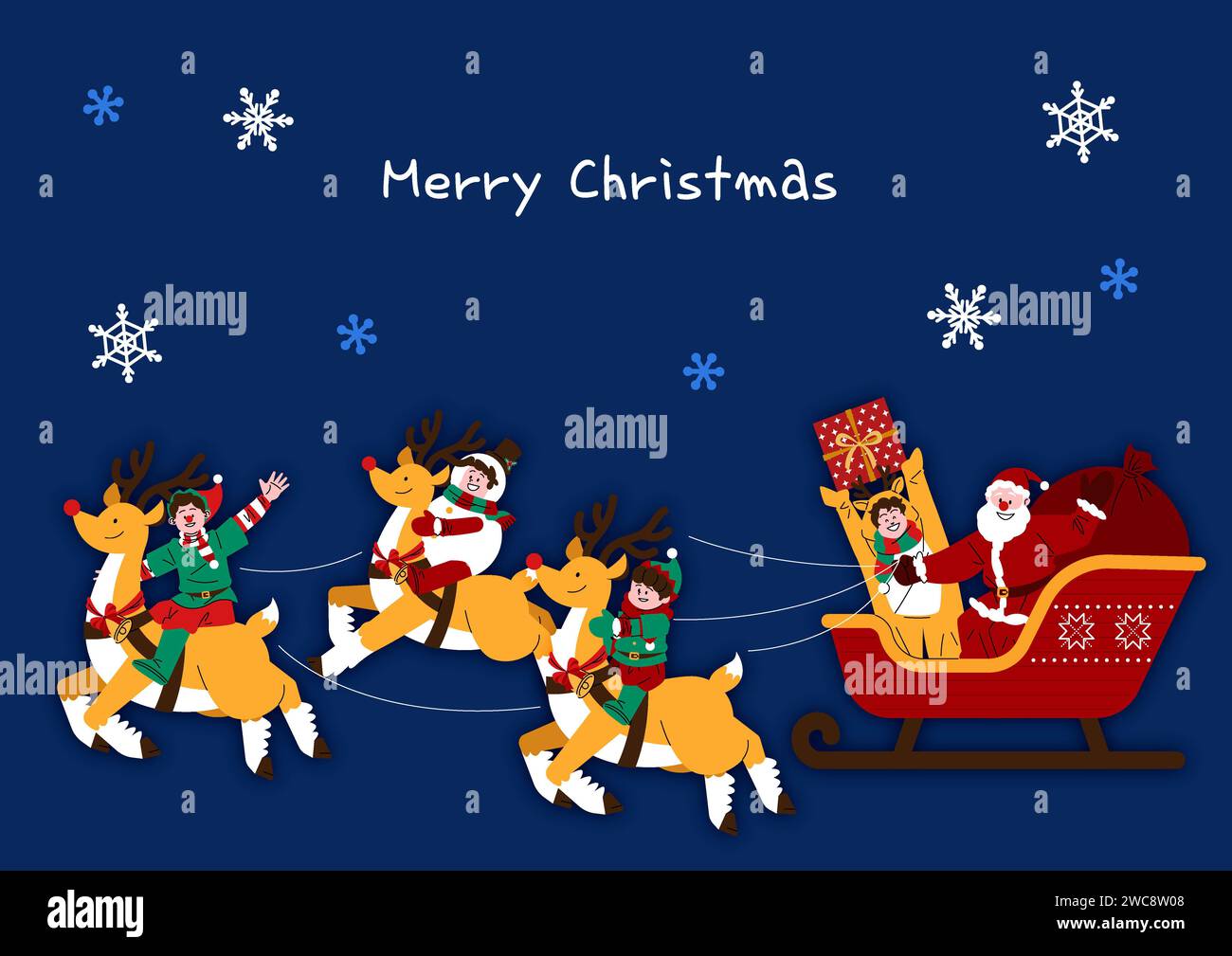 Santa rides a sleigh and kids ride Rudolph Stock Photo - Alamy