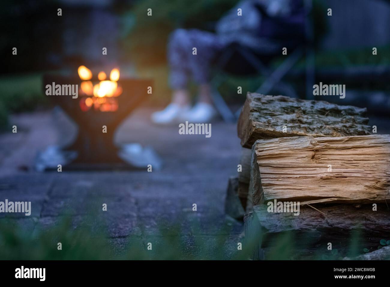 Chopped fire wood logs. Campfire, fire pit filled with burnt wood and ...