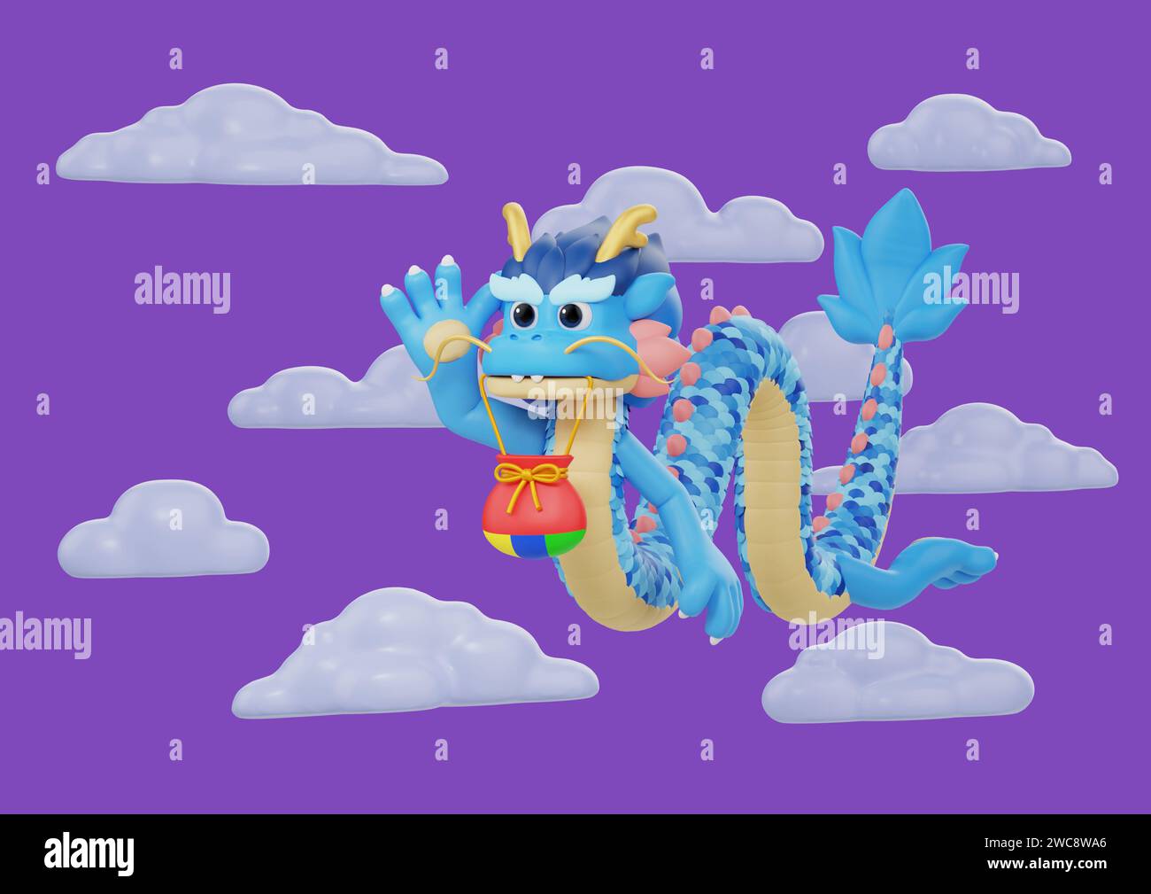 Blue Dragon Biting Cloud Background and Lucky Pouch Stock Photo - Alamy