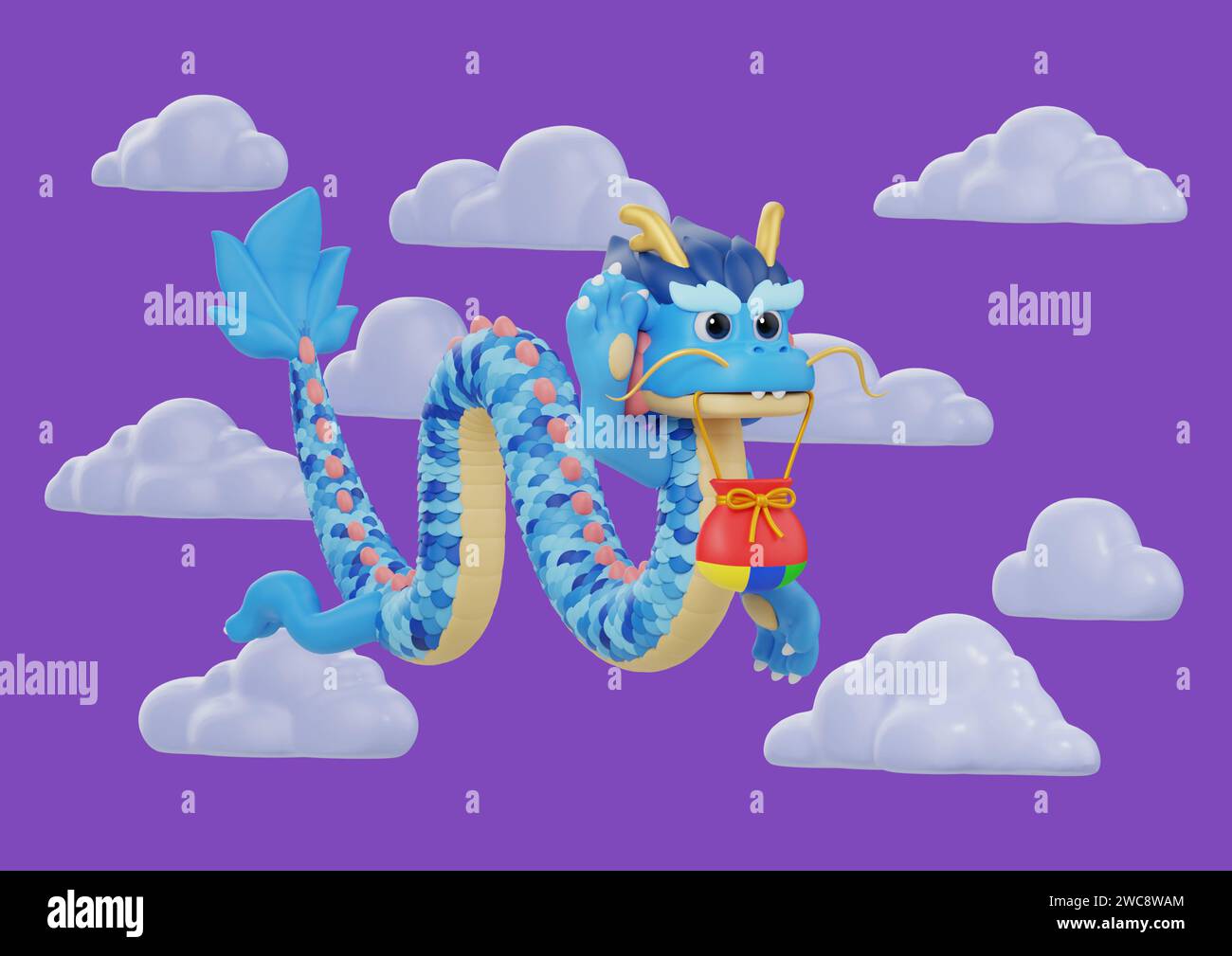 Blue Dragon Biting Cloud Background and Lucky Pouch Stock Photo - Alamy