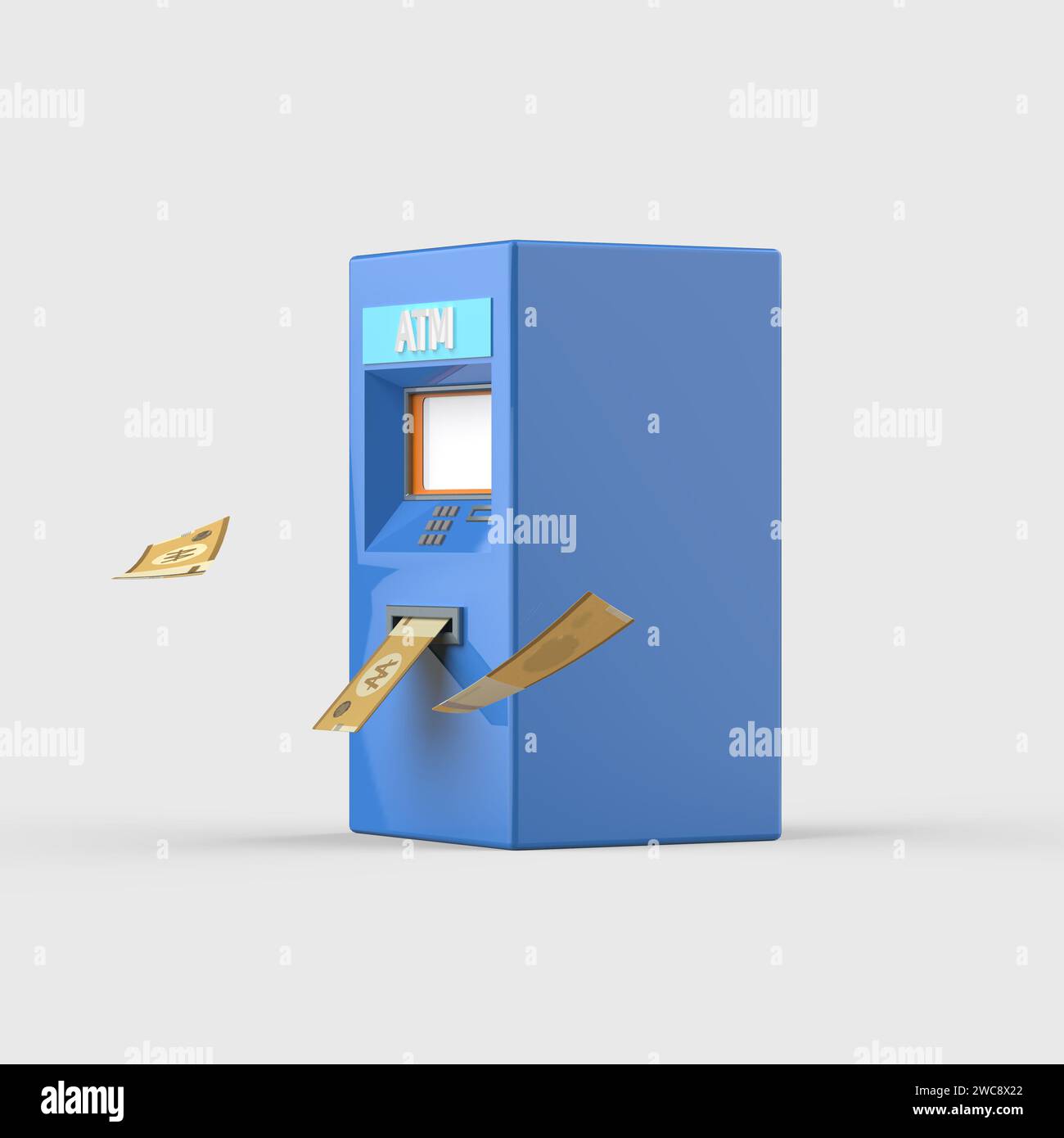 ATM machine 3d object with bills and bills flying Stock Photo - Alamy