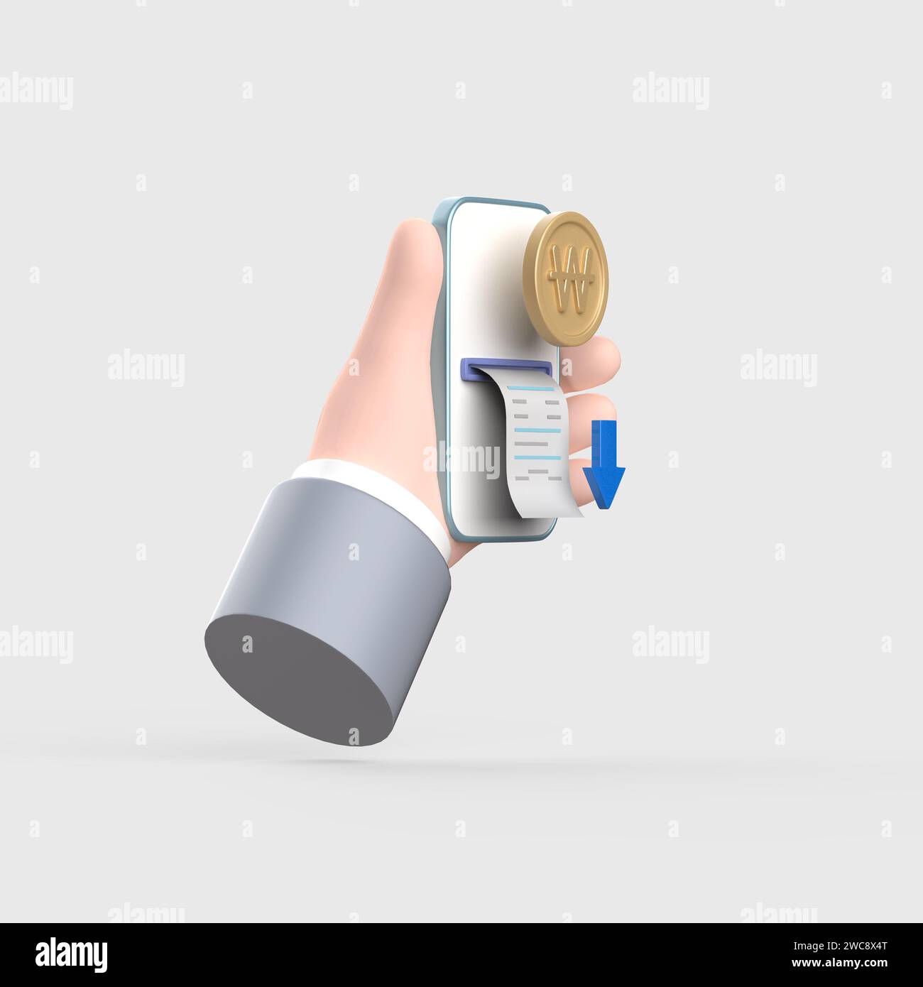 Hands holding smartphone with coin and receipt descent arrow 3d object ...