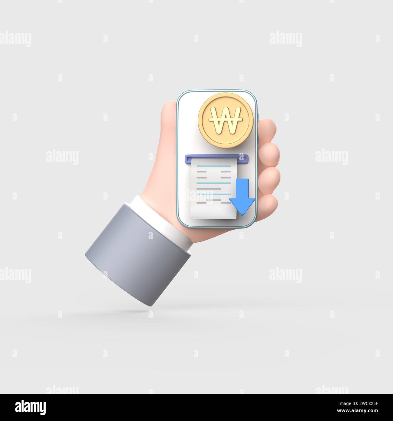 Hands holding smartphone with coin and receipt descent arrow 3d object ...