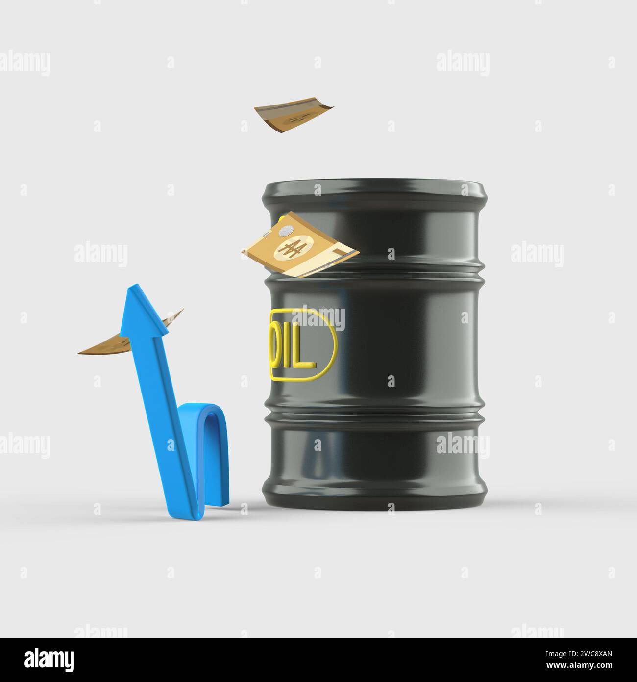 3D objects with rising arrows and flying coins and oil barrels Stock ...
