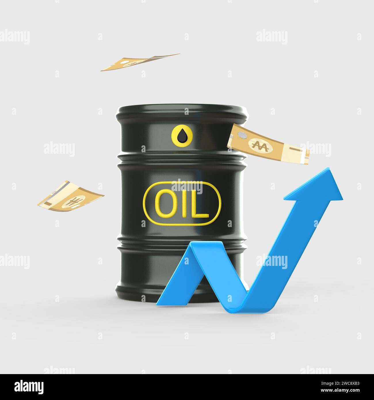 3D objects with rising arrows and flying coins and oil barrels Stock ...