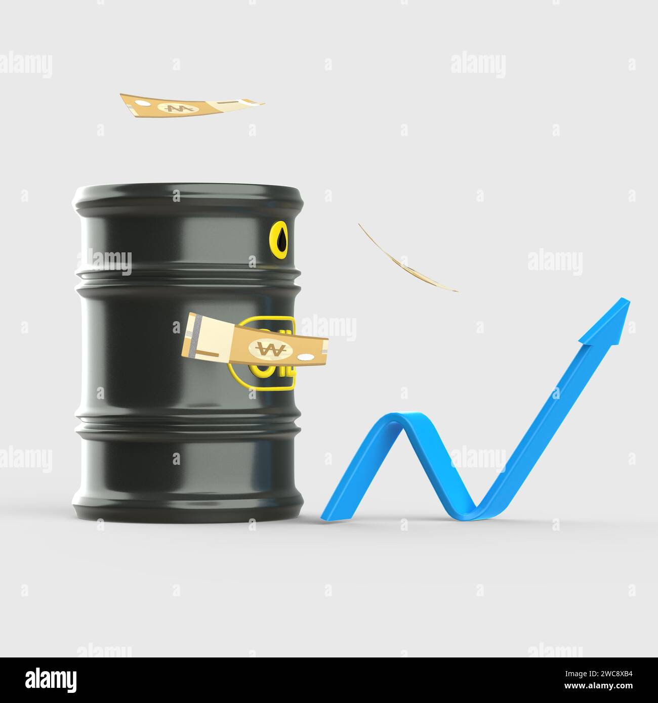 3D objects with rising arrows and flying coins and oil barrels Stock ...