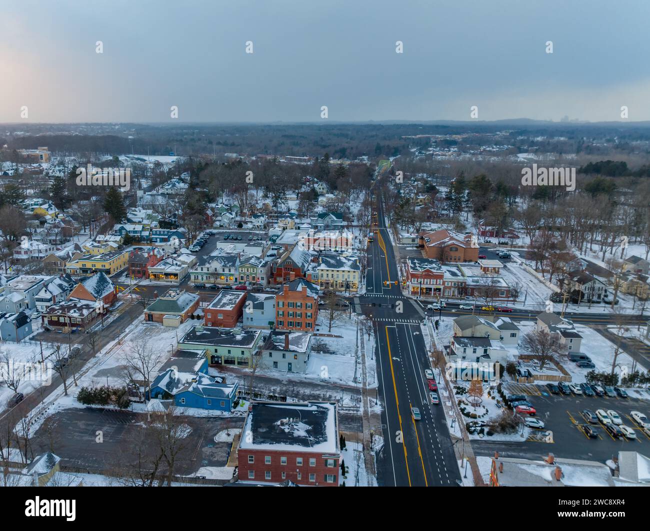 Early evening winter aerial photo of the four corners in the Village of ...