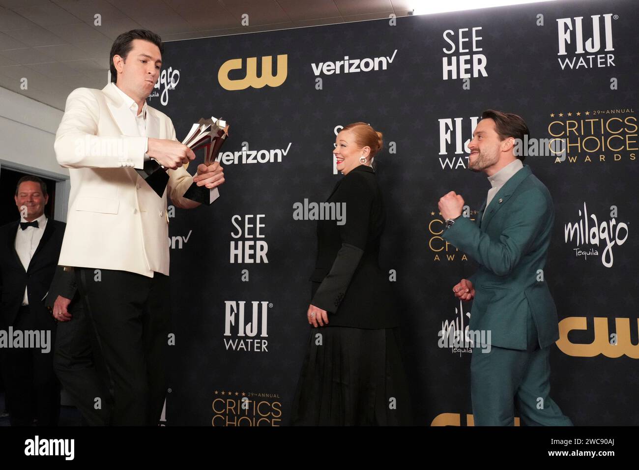 Nicholas Braun, from left, Sarah Snook, and Kieran Culkin pose in the ...