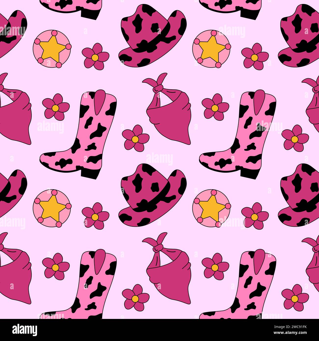Seamless Pattern with retro Cowgirl pink elements. Boots, hat, scarf ...