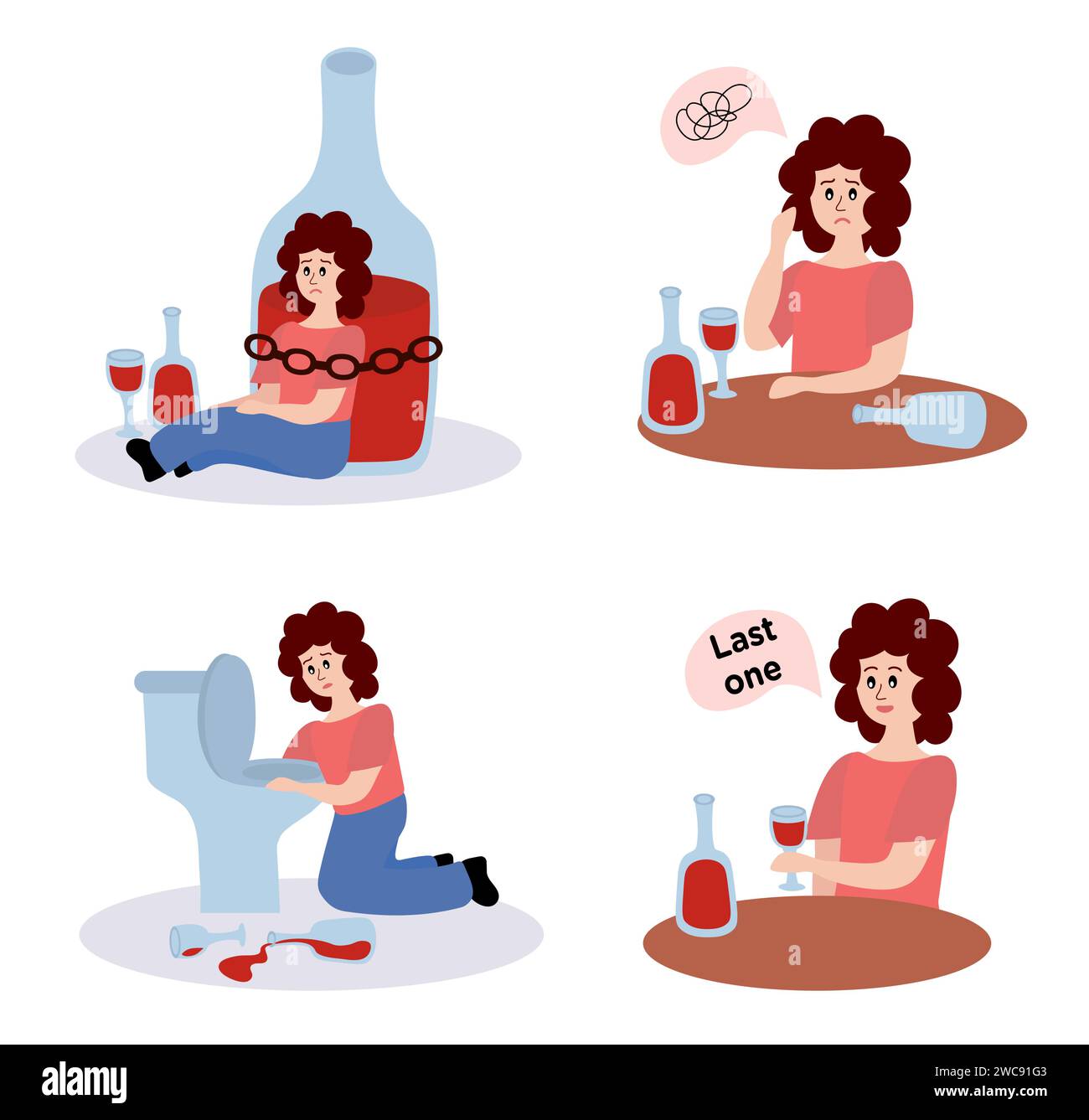 Alcohol abuse and addiction concept. Set of drunk woman with bottles of ...