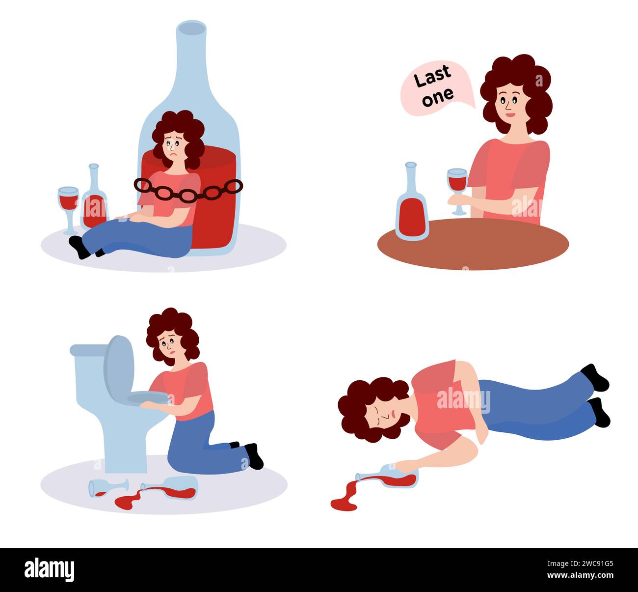 Alcohol abuse and addiction concept. Set of drunk woman with bottles of ...